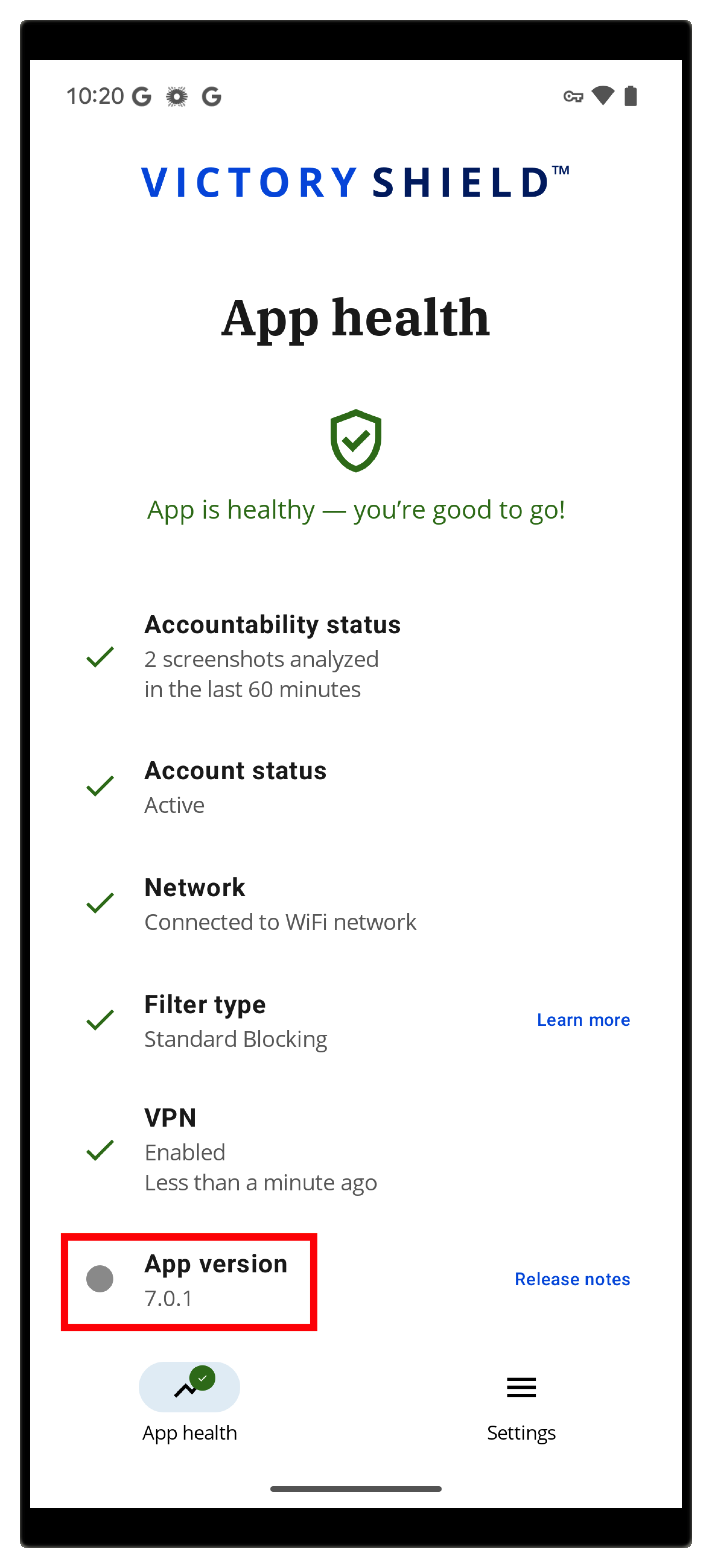How do I check the Victory Shield™ app version number on an Android ...